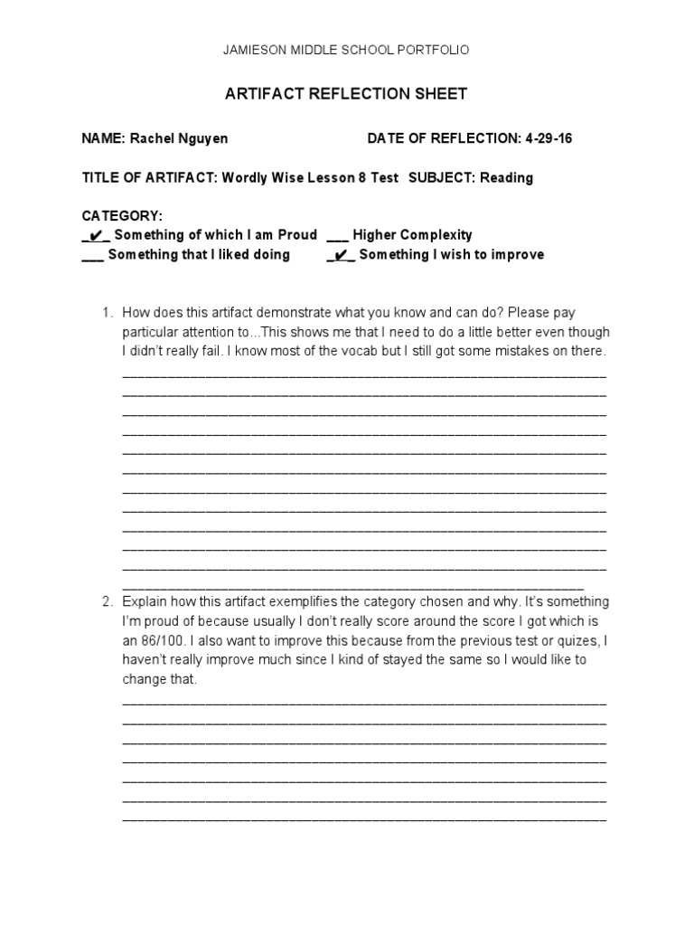 Jamieson Middle School Reflection Sheet | PDF | Career & Growth