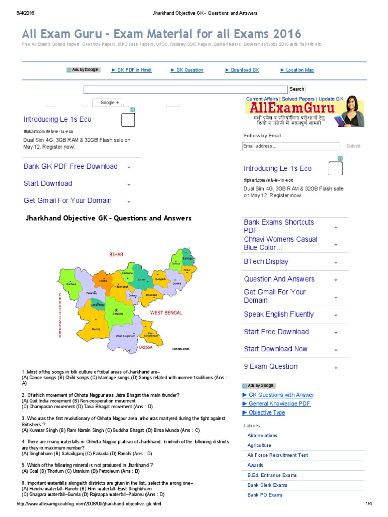 Jharkhand Objective GK - Questions and Answers | PDF | Test (Assessment ...