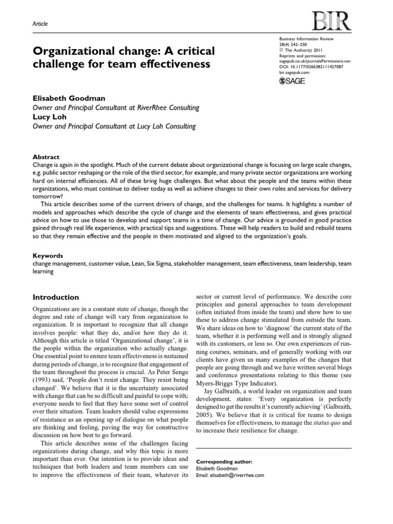 Organizational Change: A Critical Challenge For Team Effectiveness | PDF
