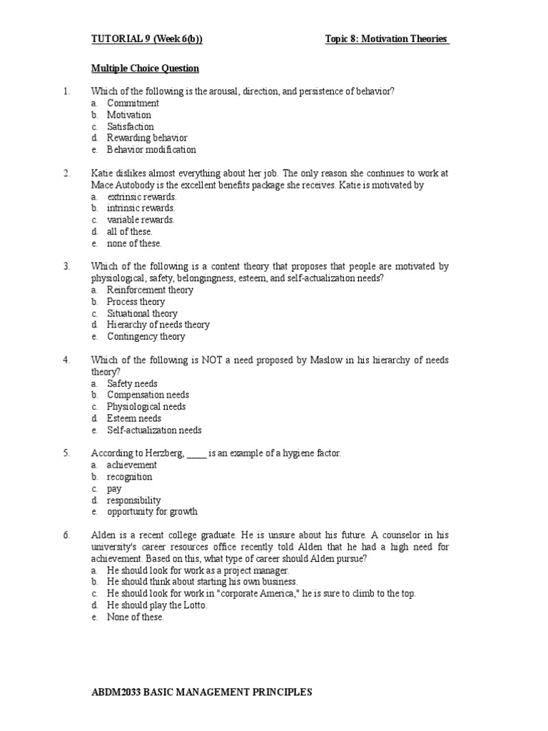 Management Principles Tutorials Questions | PDF | Motivation | Motivational