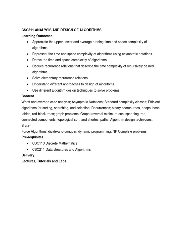 Csc311 Analysis and Design of Algorithms | PDF