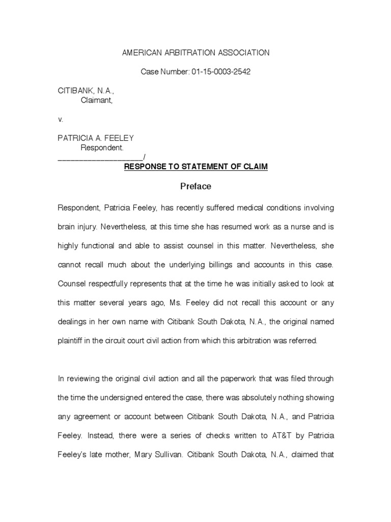 American Arbitration Association Response to Claim | Complaint | Pleading
