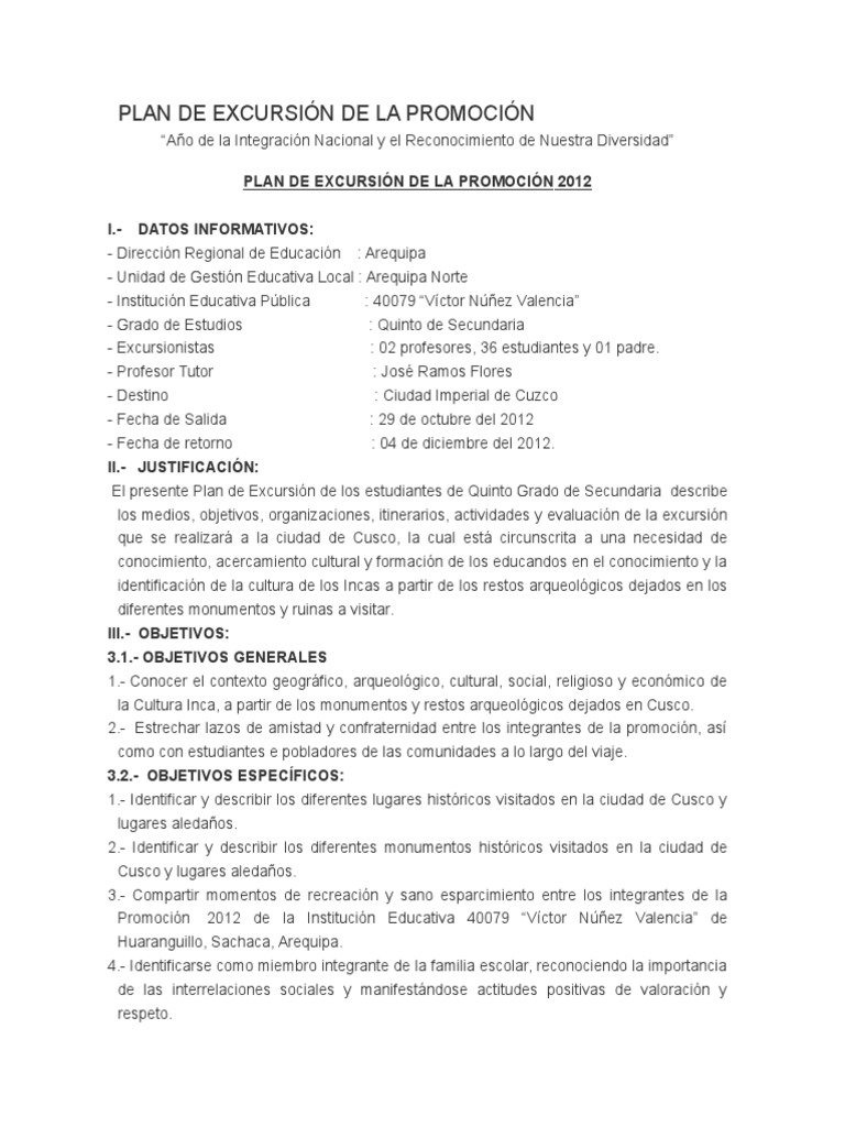 Plan de Excursión a Cusco 2012 | PDF | Gobierno | Educación avanzada