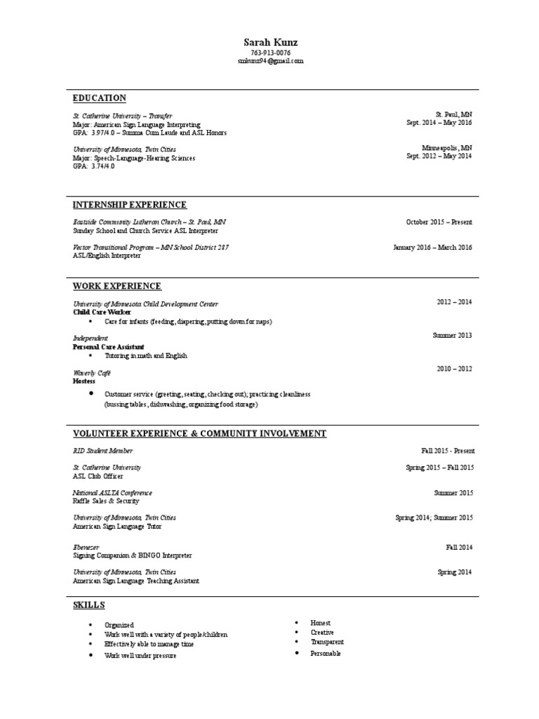 Sarah Kunz: ASL Interpreter Resume | PDF