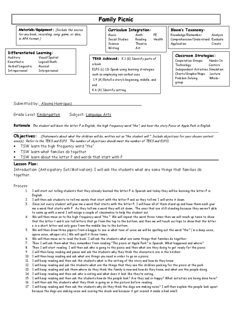 Family Picnic Lesson | PDF | Reading Comprehension | Cognition