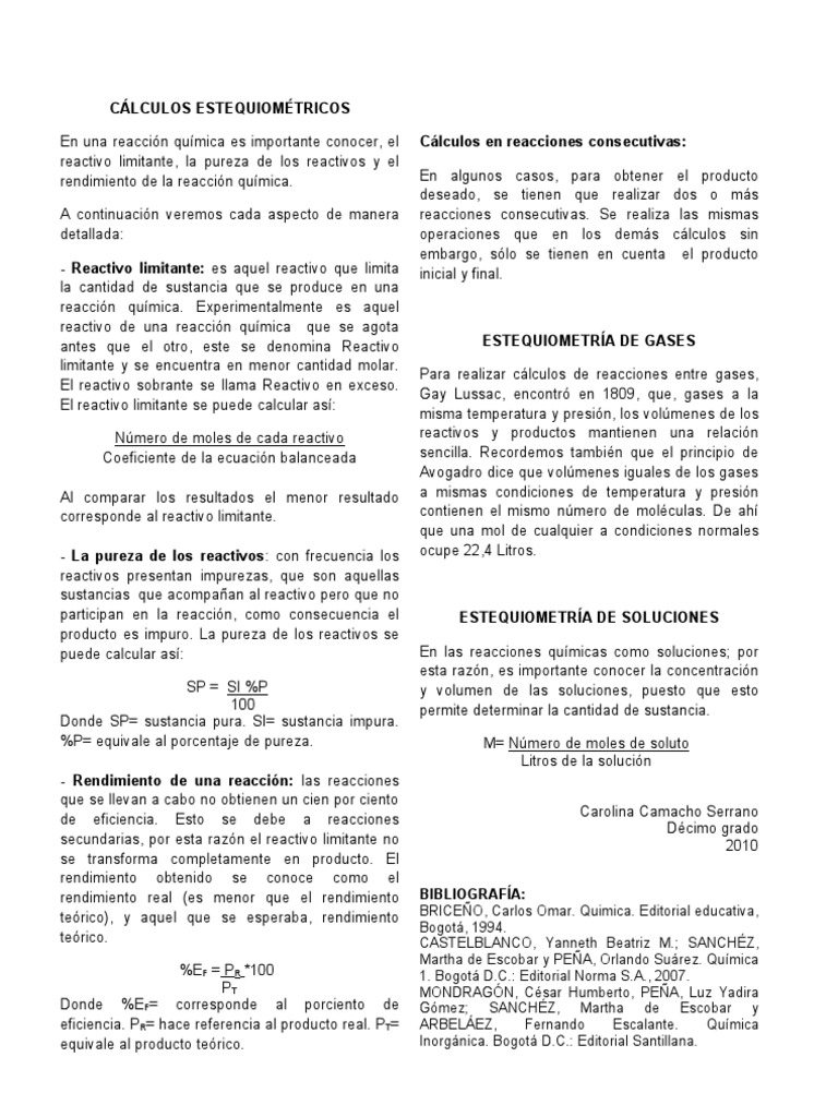 Cálculos Estequiométricos | PDF | Estequiometría | Reacciones químicas