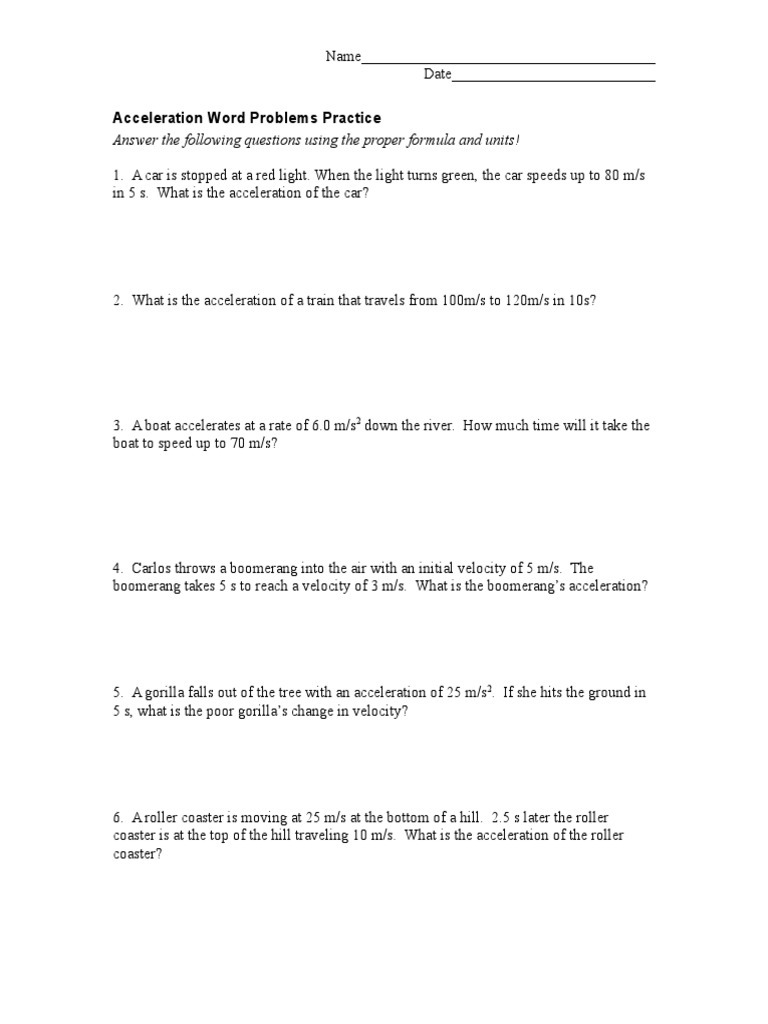 Acceleration Word Problems Practice | PDF