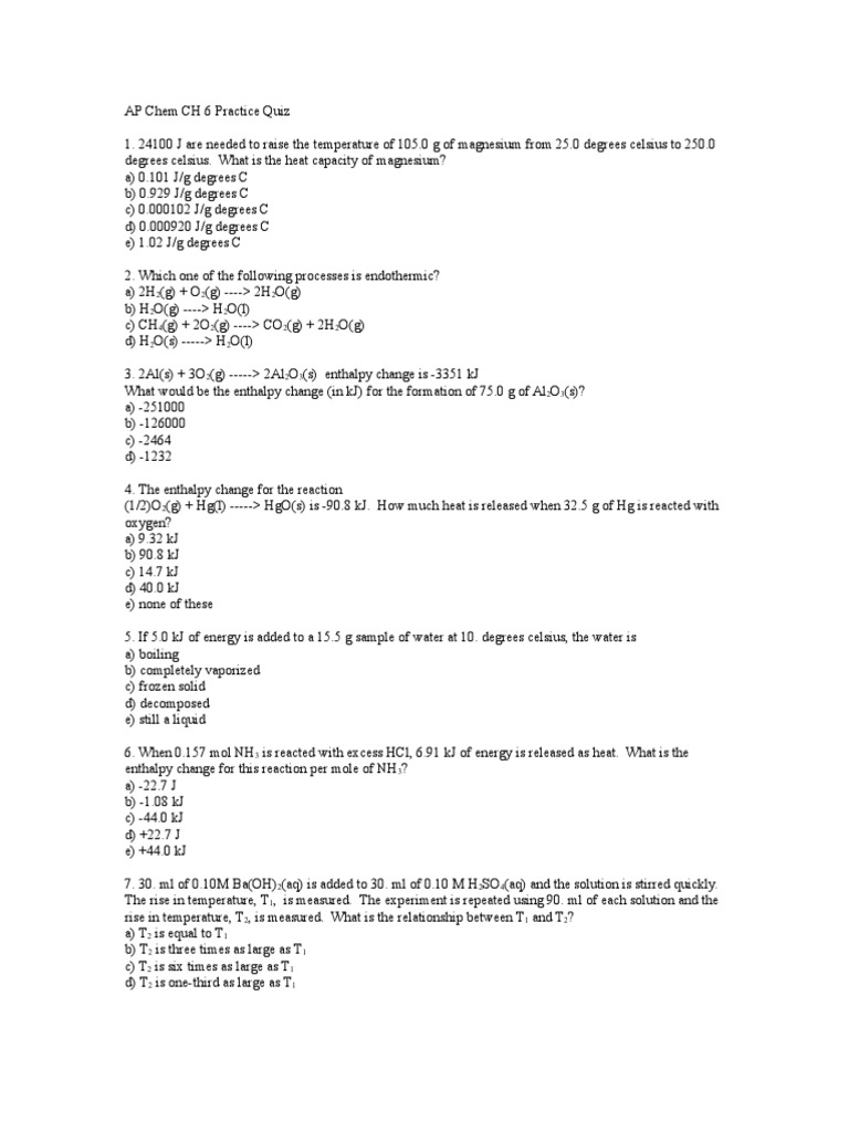 AP Chem CH 6 Practice Quiz | PDF | Physical Chemistry | Chemistry