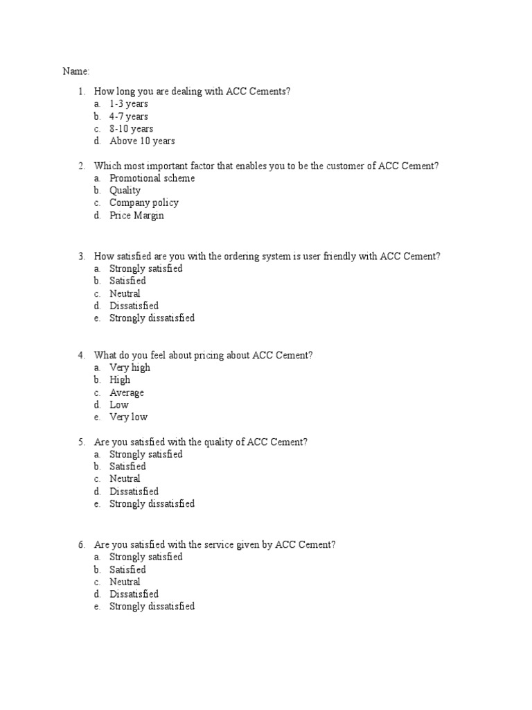 ACC Cement Customer Satisfaction Survey | PDF | Discounts And ...