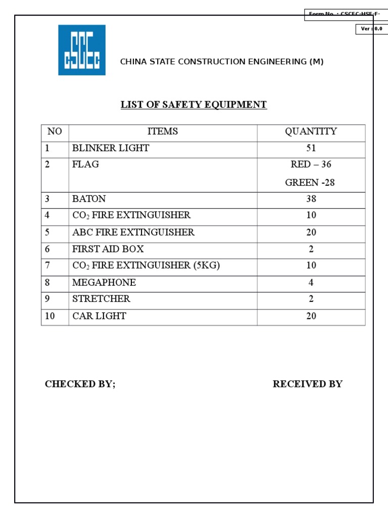 Safety Equipment Inventory List | PDF