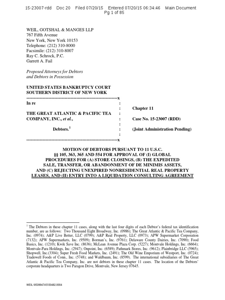 A&P Store Closing Procedures Motion | PDF | Bankruptcy In The United ...