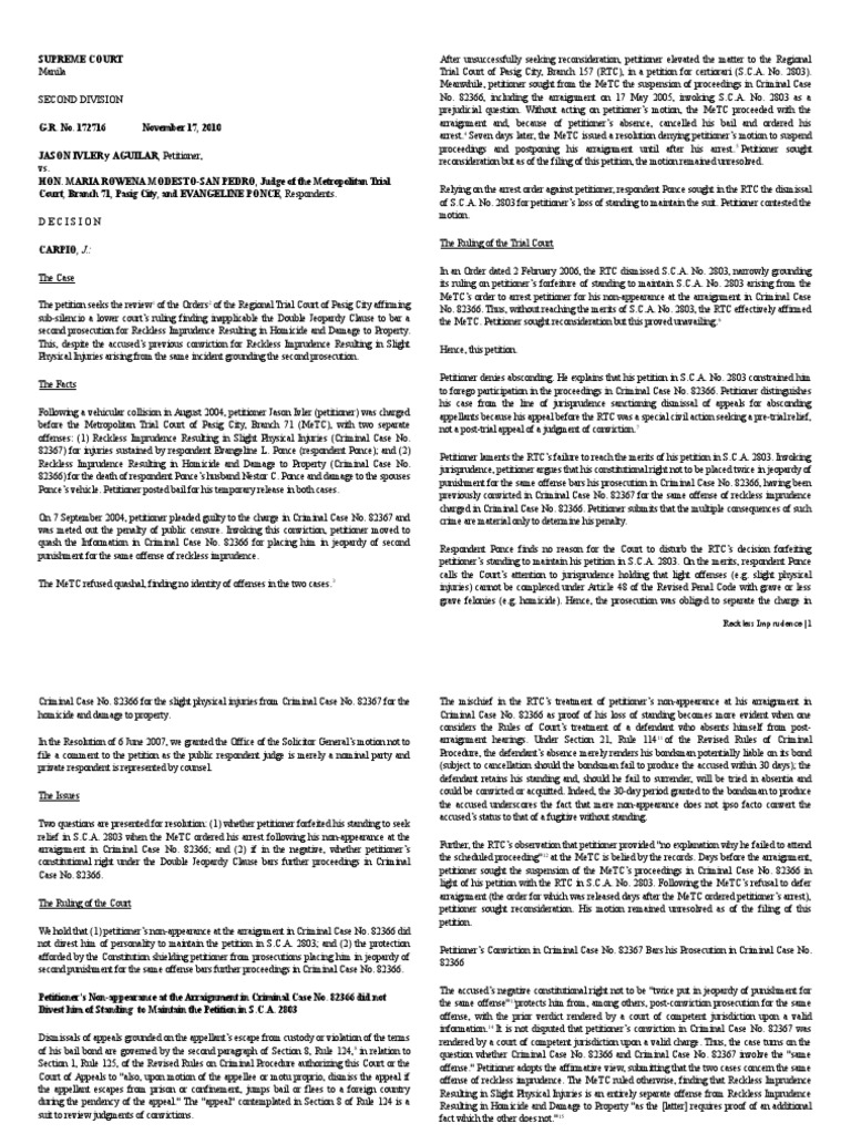 Reckless Imprudences Cases | PDF | Acquittal | Double Jeopardy