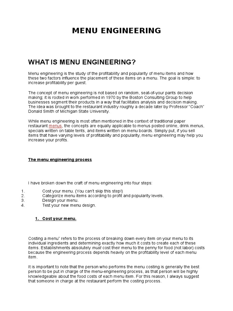Menu Engineering 1 1 | PDF | Menu | Restaurant And Catering