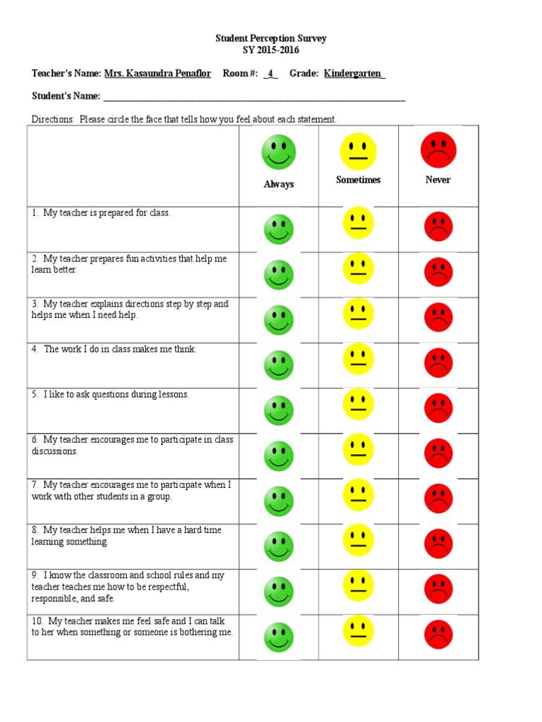Kindergarten Student Perception Survey | PDF | Career & Growth
