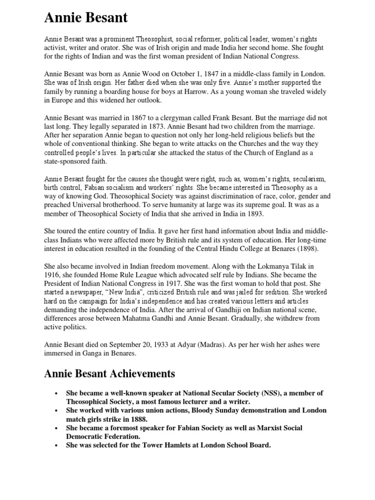 Annie Besant | PDF | Social Movements | Religion And Belief