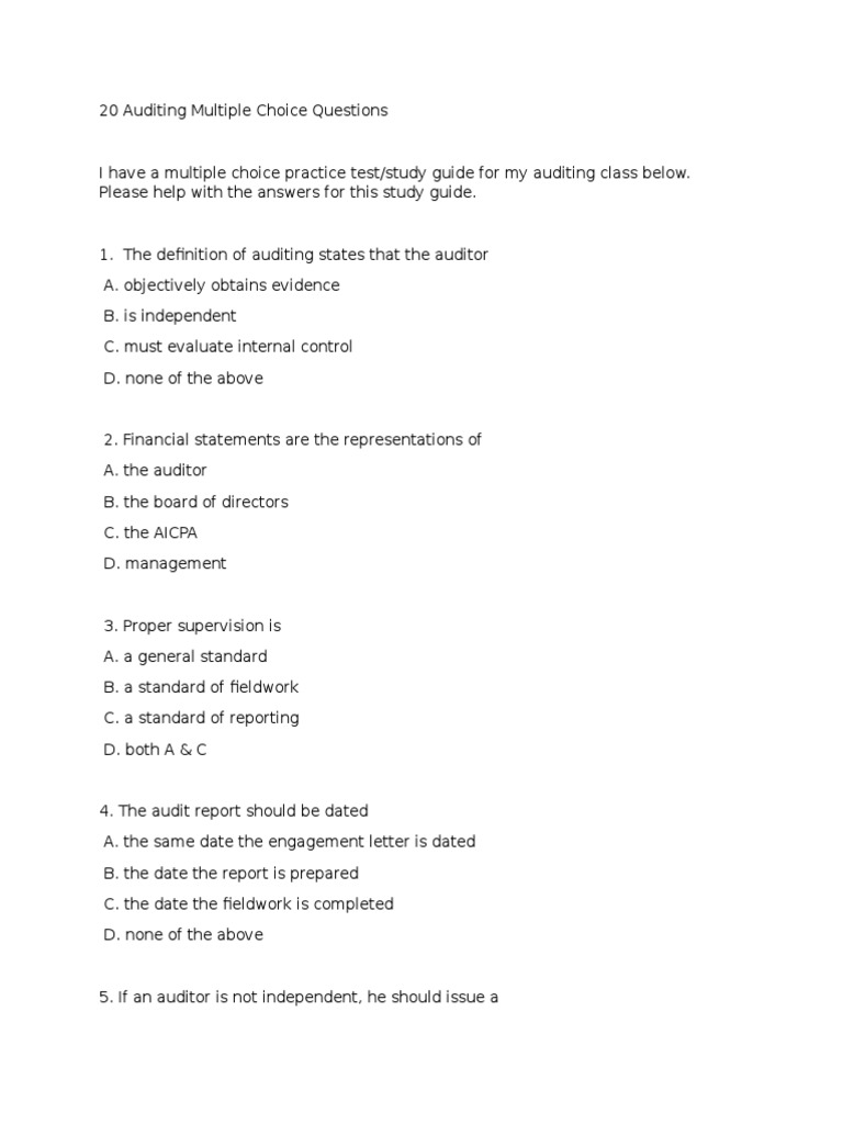 20 Auditing MCQs with Answers | PDF | Auditor's Report | Audit