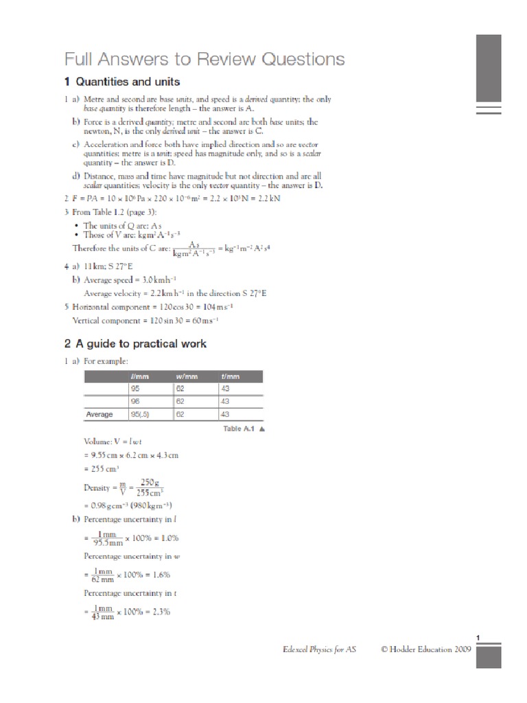 Answers To AS Physics Hodder Book | PDF