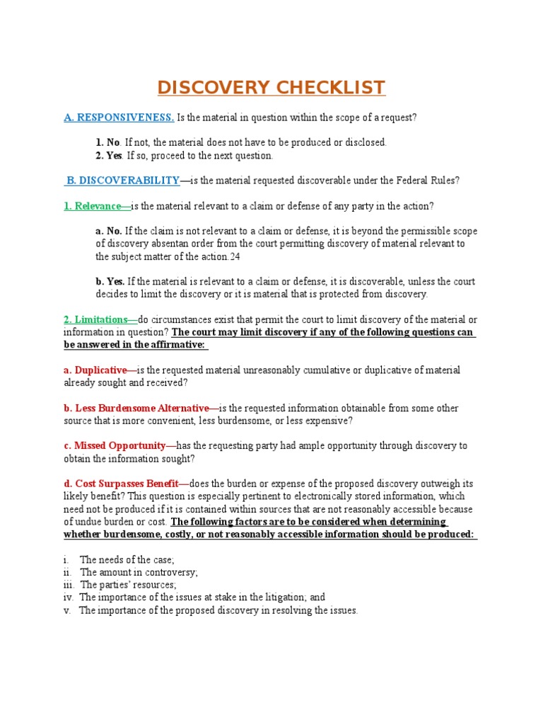 Discovery Checklist | PDF | Attorney–Client Privilege | Discovery (Law)