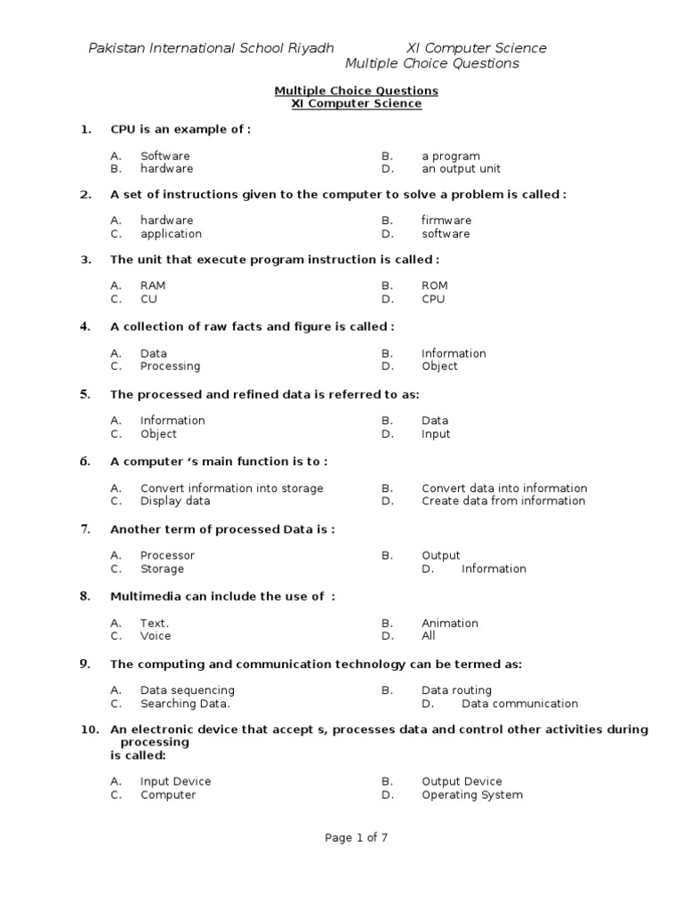 XI Computer Science MCQs for Students | PDF | Printer (Computing ...
