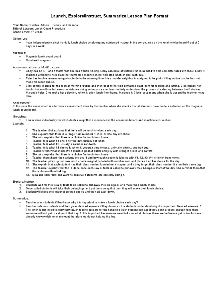 Blank Launch Explore Instruct Summarize Lesson Plan Format | PDF | Lesson Plan | Lunch