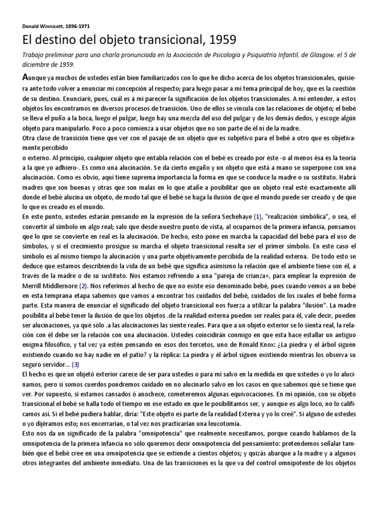 Donald Winnicott Objeto Transicional | PDF | Verdad | Los símbolos