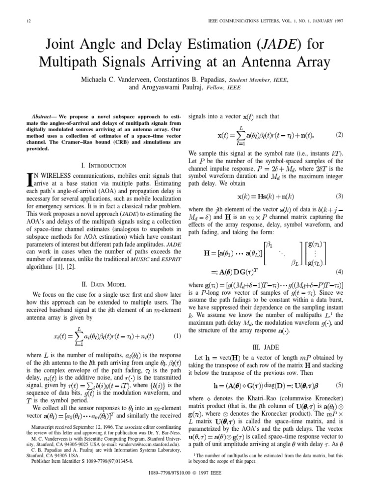 Joint Angle and Delay Estimation (JADE) For Multipath Signals Arriving at An Antenna Array | PDF ...