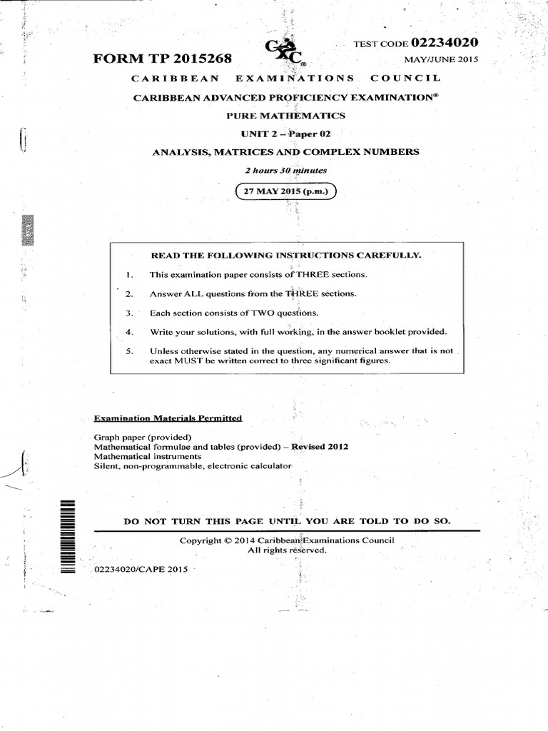 Pure Mathematics Unit 2 Past Paper 2015 | PDF