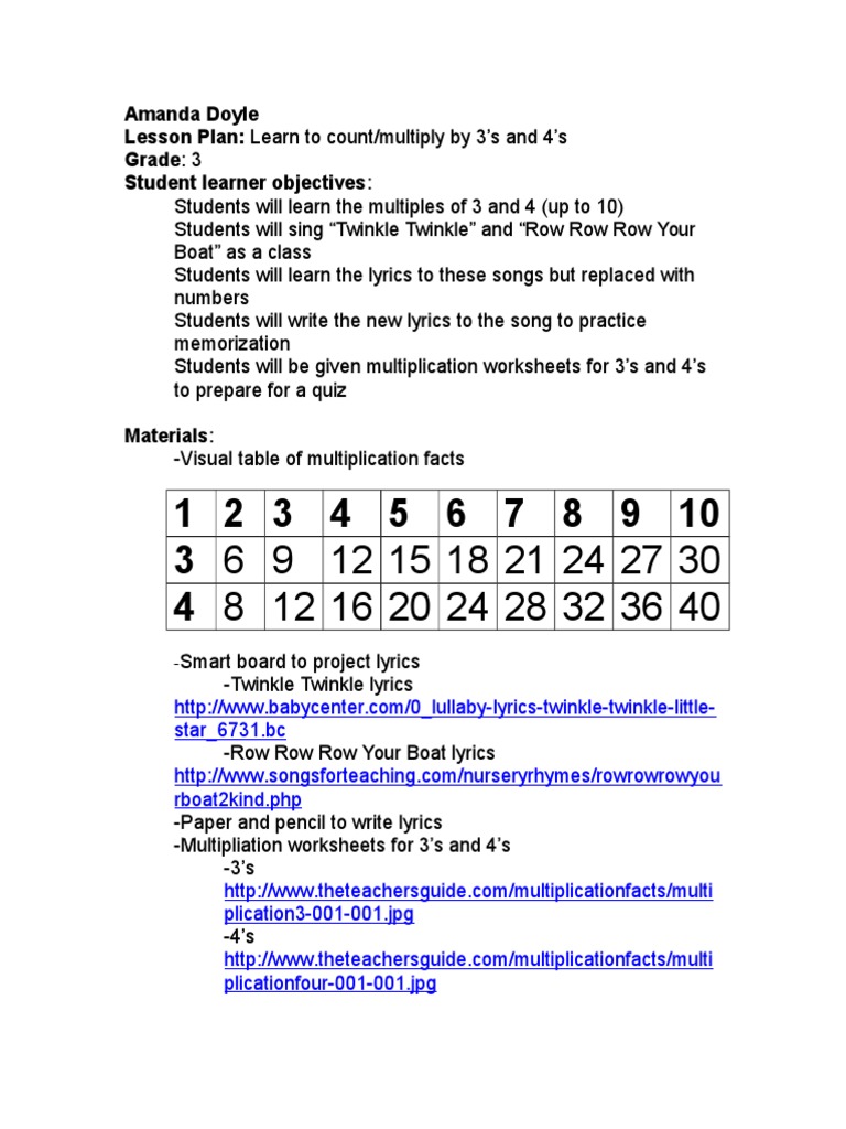 Multiplying by 3s and 4s with Songs | PDF | Multiplication | Teaching ...