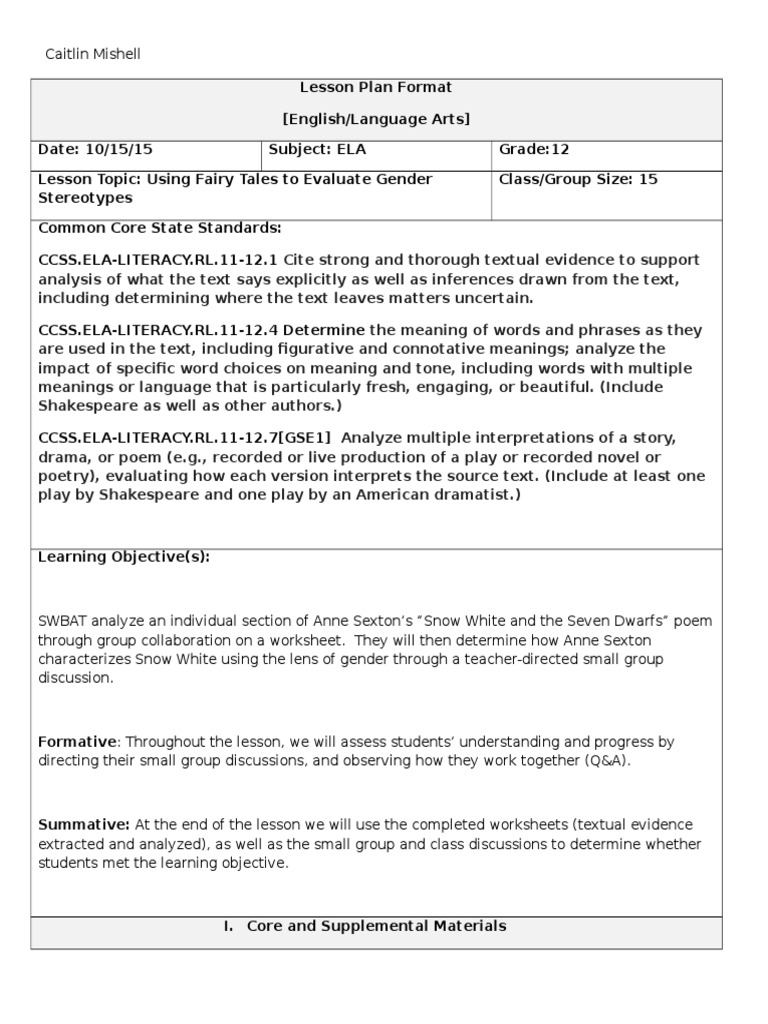 Analyzing Gender Stereotypes in Snow White | PDF | Lesson Plan | Question