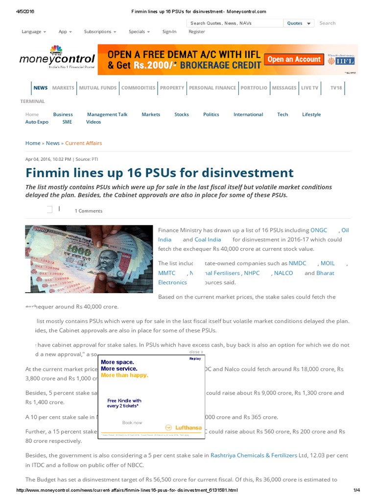 Finmin Lines Up 16 PSUs For Disinvestment - Moneycontrol | PDF | Stocks ...