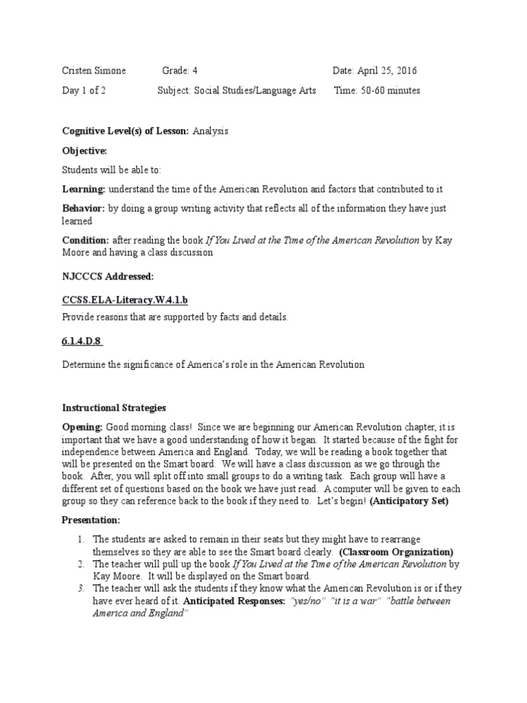 Lesson Plan American Revolution | PDF | Patriot (American Revolution ...