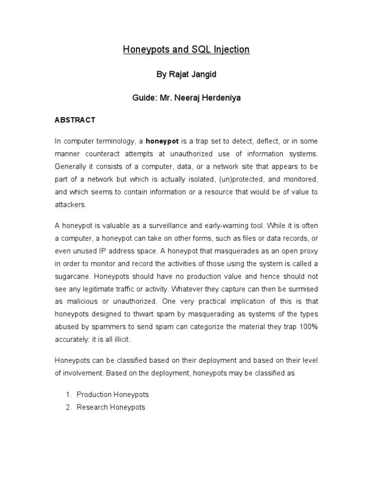 Honeypots and SQL Injection: by Rajat Jangid Guide: Mr. Neeraj ...