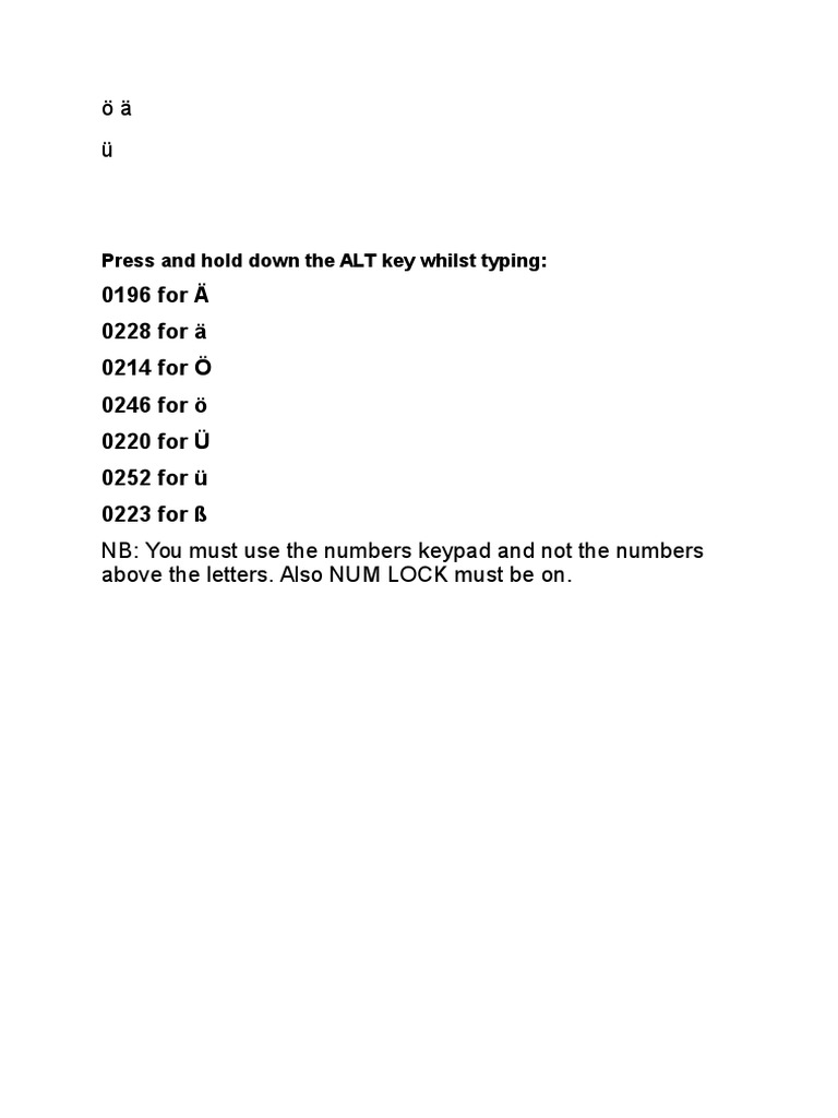 A Guide to Typing German Umlauts and Eszett Using Alt Codes | PDF