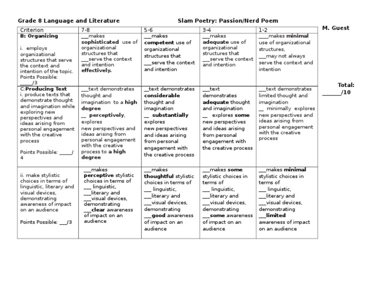Grade 8 Slam Poetry Assessment Guide | PDF | Art | Science & Mathematics