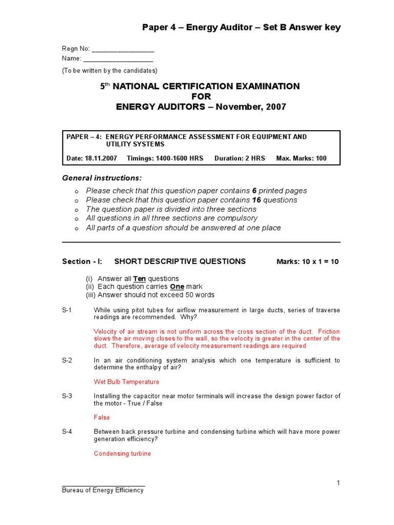 Paper 4 - Energy Auditor - Set B Answer Key: General Instructions | PDF ...