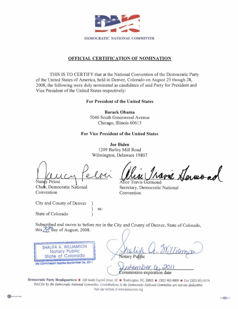 2008 DNC Presidential nomination certificate without constitutionally ...