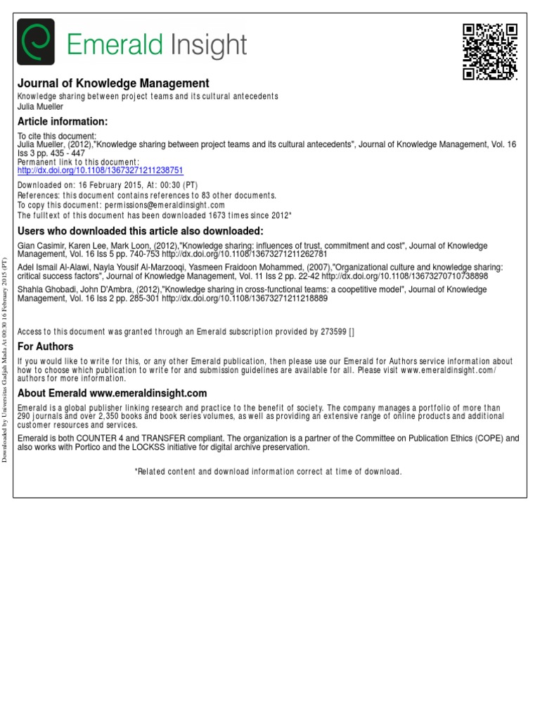 Knowledge Sharing Between Project Teams and Its Cultural Antecedents | PDF | Organizational ...