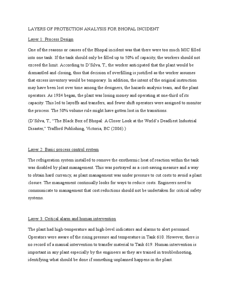 Layers of Protection Analysis For Bhopal Incident | PDF | Emergency | Tanks