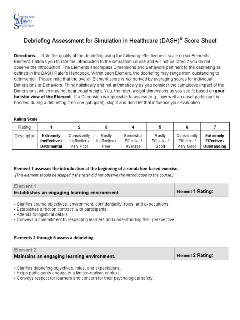 Debriefing Assessment For Simulation in Healthcare (DASH) Score Sheet ...