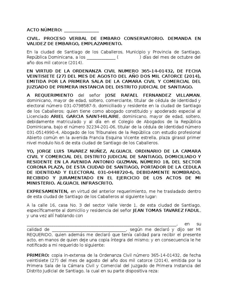 Acta de Embargo Conservatorio | Subasta | Sentencia (ley) | Prueba ...