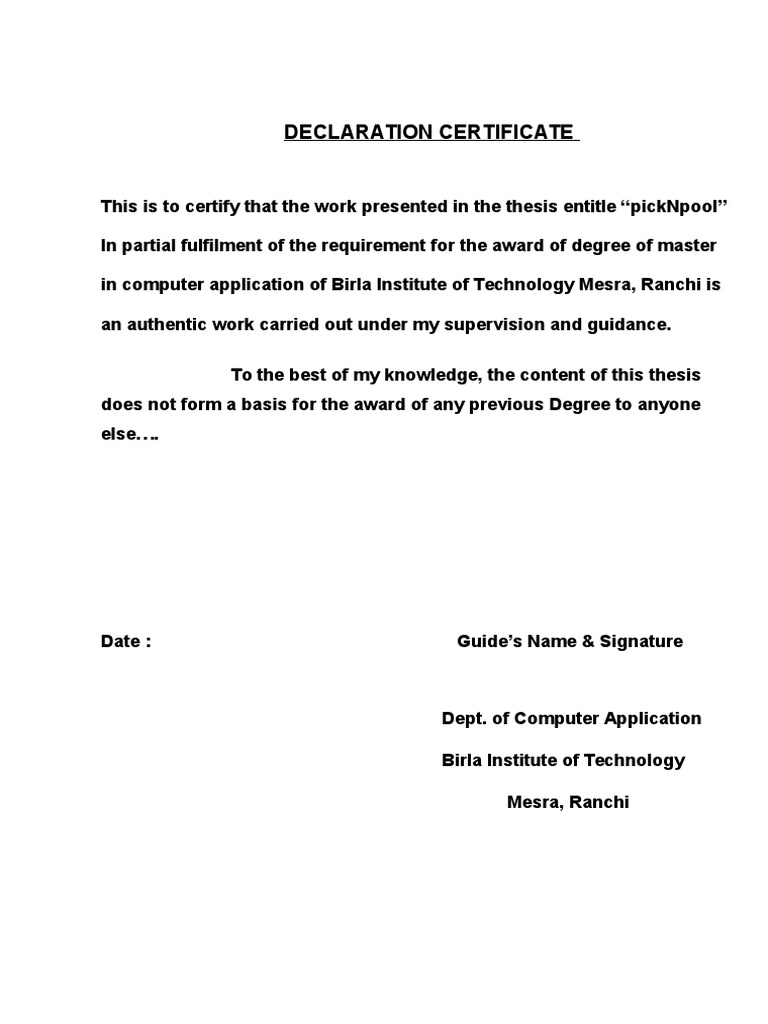 Thesis Declaration for MCA Degree | PDF
