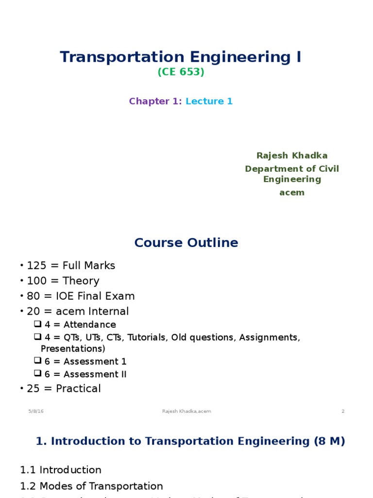 Transportation Engineering I: An Introduction to Transportation Modes ...