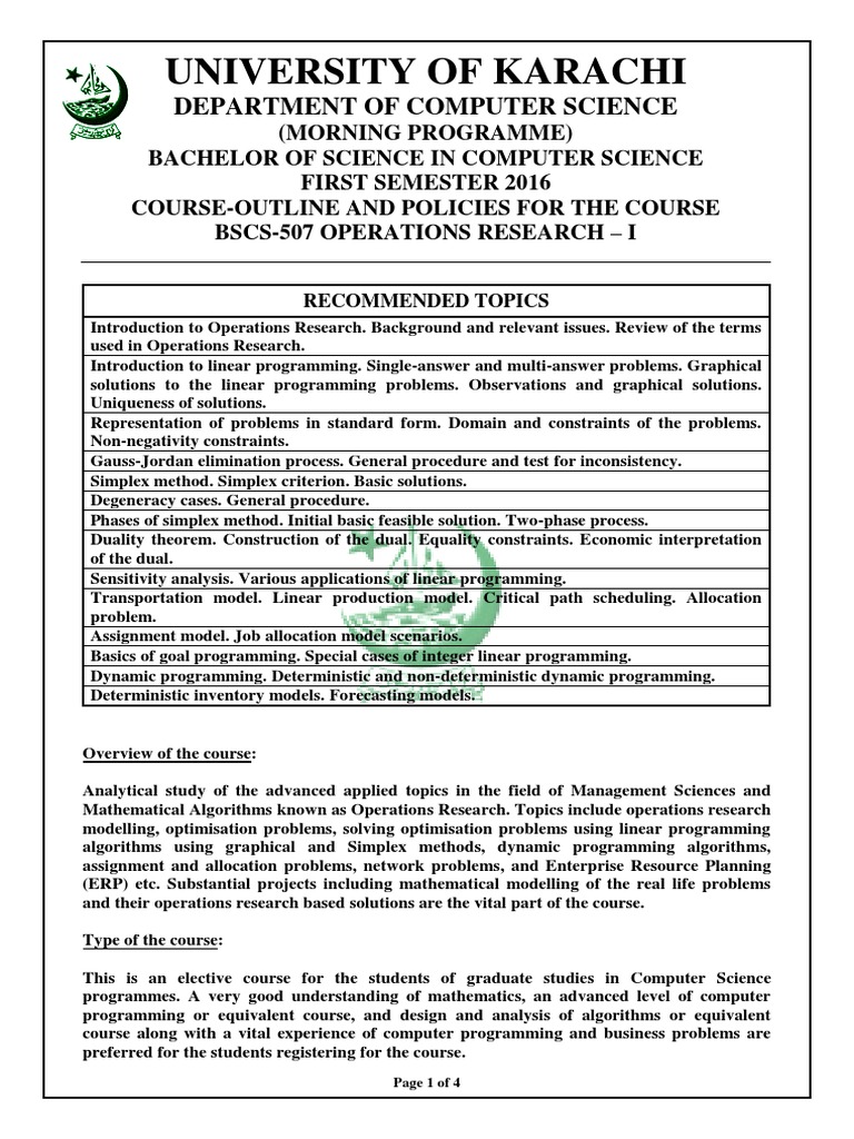 BSCS2016 M OperationsResearch CourseOutline | PDF | Linear Programming ...