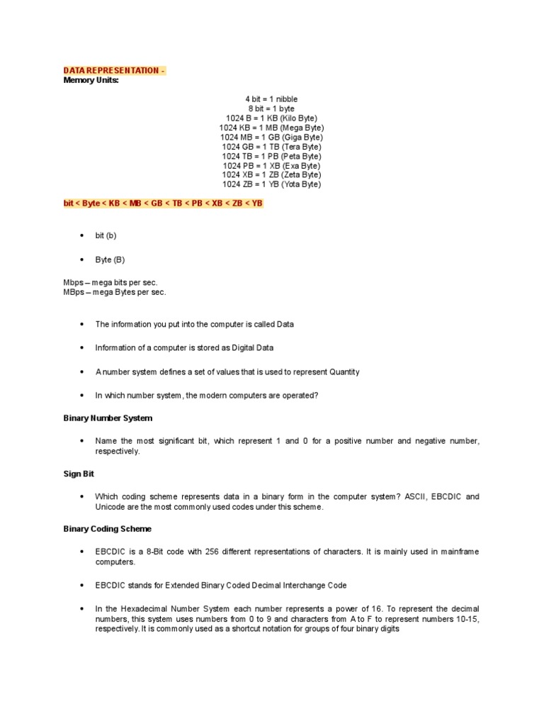 Memory Units:: Data Representation | Download Free PDF | Byte | Binary Coded Decimal