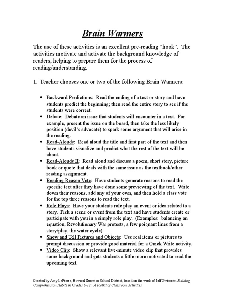 Brain Warmers: Created by Amy Lapierre, Howard-Suamico School District ...