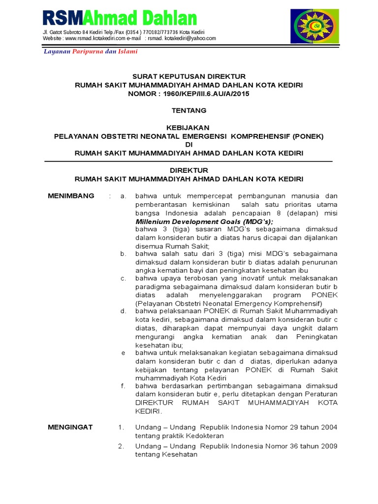 Kebijakan PONEK RS Muhammadiyah Kediri | PDF