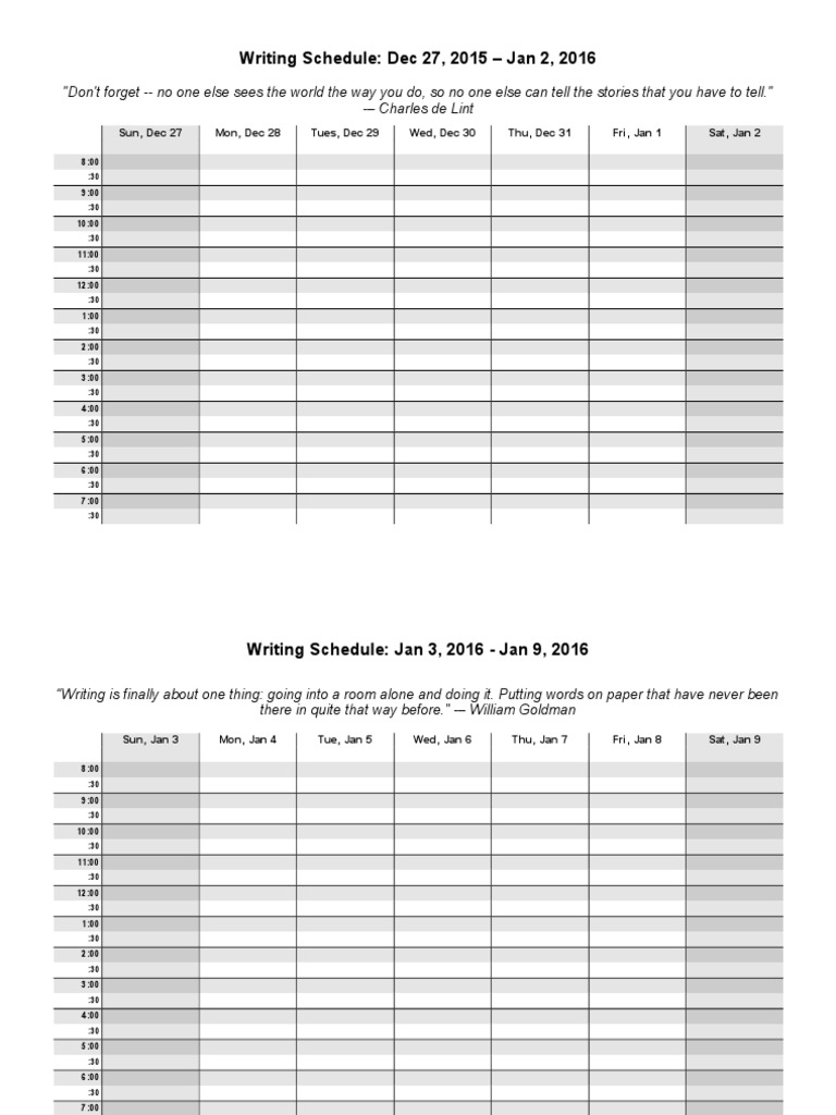 Weekly Writing Schedule Planner 2016 | PDF | Writers