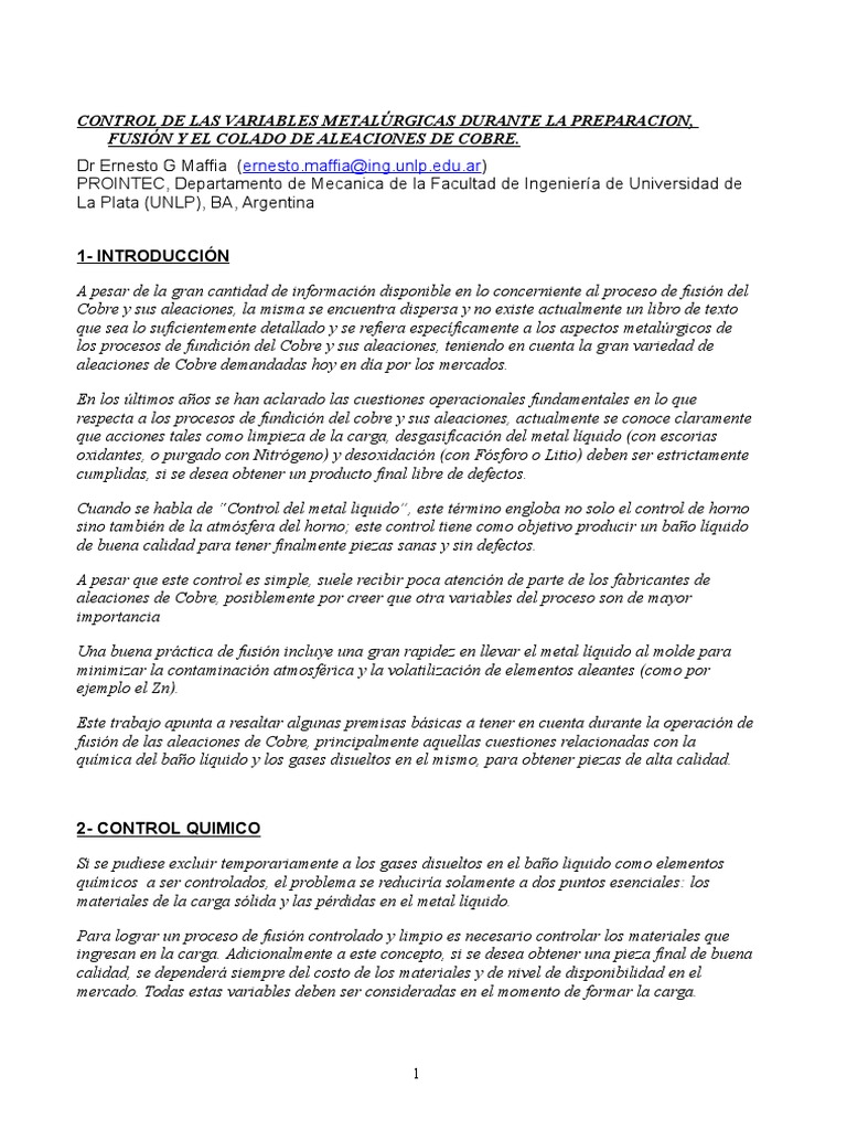 Control de Las Variables Metalúrgicas Durante La Preparacion, Fusión y El Colado de Aleaciones ...