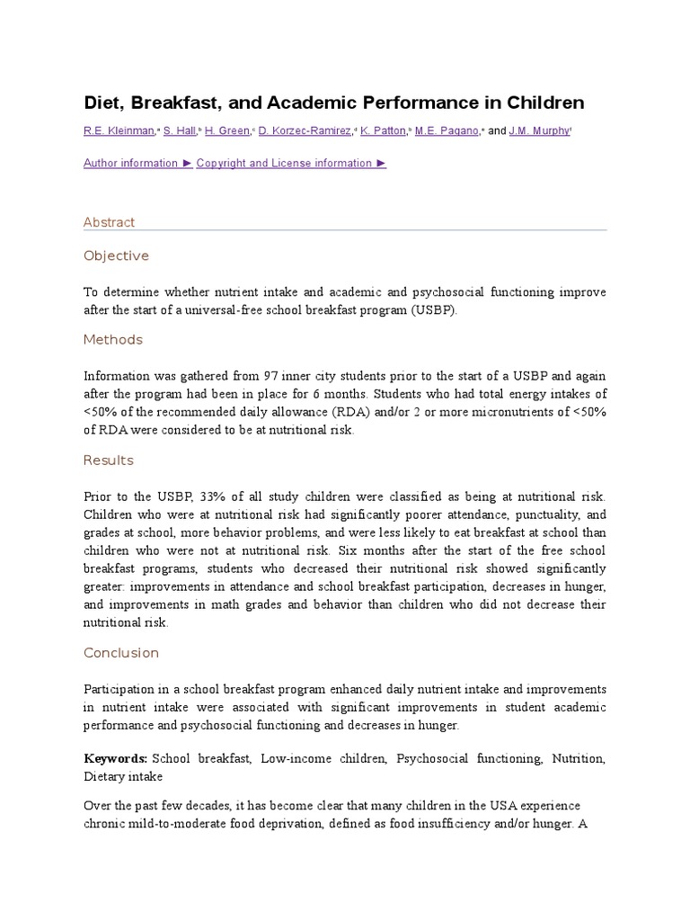 Diet, Breakfast, and Academic Performance in Children: Objective | PDF ...
