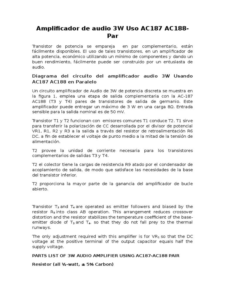 Amplificador de 3W con AC187-AC188 | PDF | Transistor | Cantidades fisicas